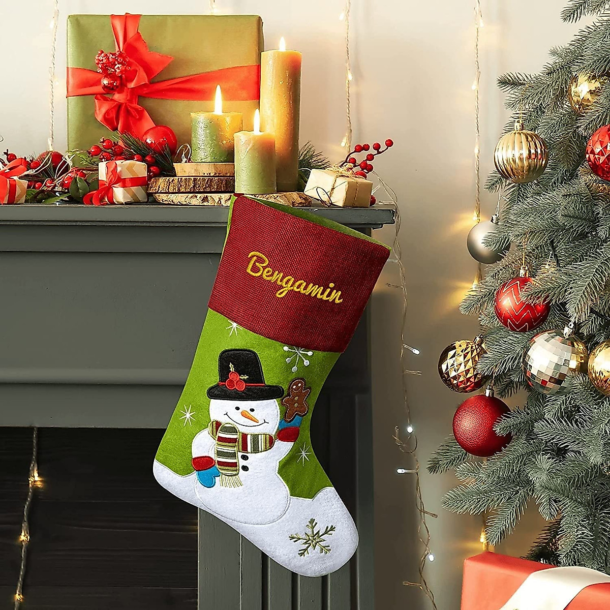 MBETA Personalized Christmas Stockings Embroidered Custom Name Xmas Hanging Stocking for Christmas Tree Fireplace, Holiday Home Decor, Christmas Stockings with Santa, Snowman, Elk, for Home Party Deco