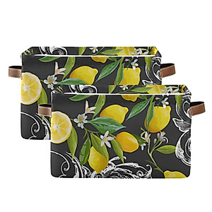 Large Foldable Storage Basket Lemon Yellow Limon Storage Bin Canvas Toys Box Fabric Decorative Collapsible Organizer Bag with Handles for Bedroom Home