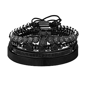 MollyQueen Imperial Crown King 18K Gold CZ Beads Bracelets Luxury Charm Fashion Bangle Royal Stacked Bracelet Set for Men Women With Luxury Box (00-4PCS Black)