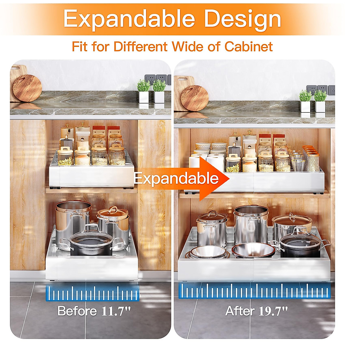 Expandable Pull-Out Cabinet Organizer with Adhesive Nano Film - For Kitchen, Pantry, Bathroom Storage