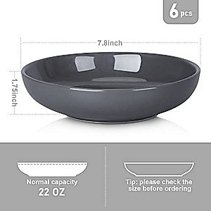 GlowSol Elegant Grey 8" Large Salad Serving Bowls, Ceramic Plates, Soup Bowls, Porcelain Pasta Bowls Set of 6, Microwave Dishwasher Safe, Wide and Flat Bowls