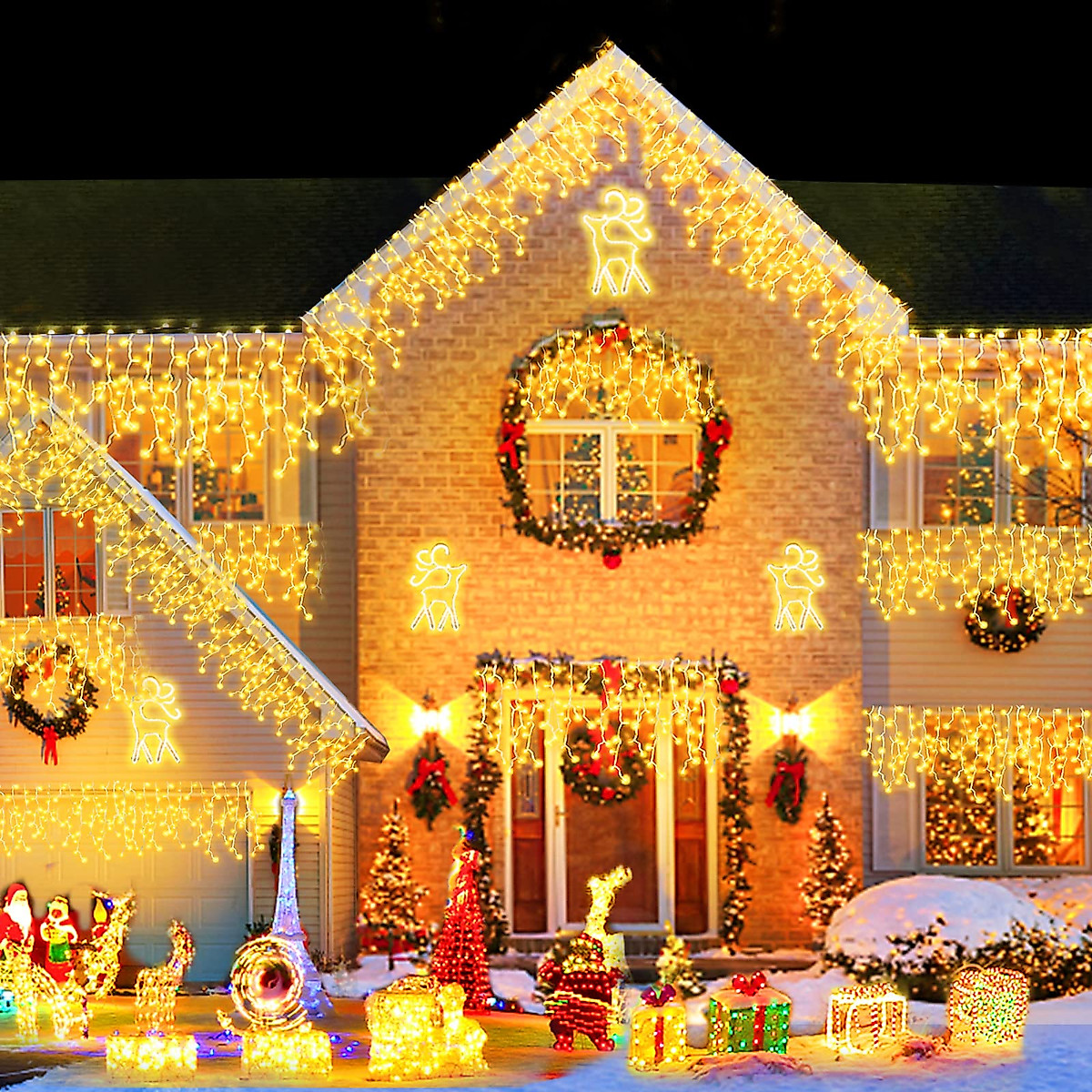 ZOFUNNY 378 LED Christmas Icicle Lights Decor Outdoor, 29.5 Ft 8 Modes 60 Drops Fairy String Curtain Lights Dripping Ice Cycle Lights Xmas Decor Indoor Home Eave Window Holiday Garden (Warm White)