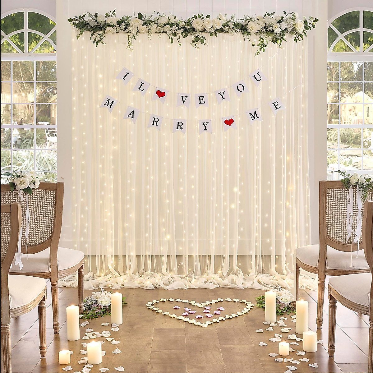 Champagne Backdrop Curtains with Lights String for Wedding Parties 10×10ft Sheer Tulle Backdrop Curtain for Bridal Shower Baby Shower Birthday Party Photo Shoot Background Decorations 2 Panels 5×10ft