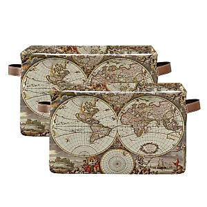 Storage Basket Cube Vintage Ancient World Map Large Collapsible Toys Storage Box Bin Laundry Organizer for Closet Shelf Nursery Kids Bedroom,15x11x9.5 in,2 Pack