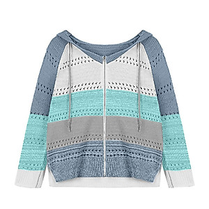 LATINDAY Women's Color Block Hoodie Striped Sweater Lightweight V Neck Knit Pullover Sweatshirts Sky Blue