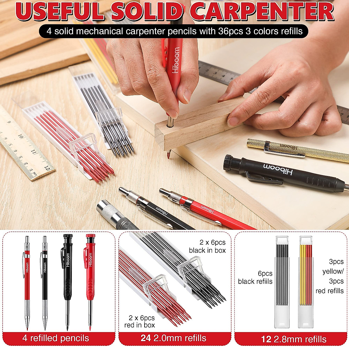 Hiboom 10 Pack Carpenter Pencil Set, 4 Colorful Solid Carpenter Pencils with Sharpener and Refills, Automatic Center Punch, Carbide Scribe Tool Kit for Construction Woodworking