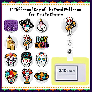 Yopyame 12PCS Day of The Dead Badge Reels Retractable Halloween ID Name Holder with Alligator Clip Sugar Skull Themed Badge Reel 360 Degree Swivel Badge Reel Name Tag for Nurse Doctor Student