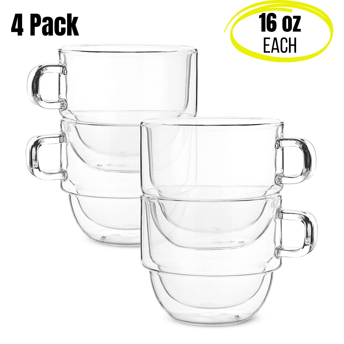 BTaT- Stackable Insulated Coffee Mugs, 4 Pack 16 oz(500 ml), Ideal for Hot and Cold Drinks, Stackable Cappuccino Cups, Double Wall Glass Coffee Cups, Tea Cups, Latte Cups, Beer Glasses, Latte Mug
