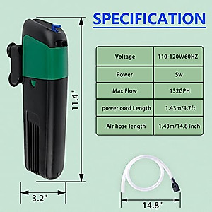 FREESEA Aquarium Power Filter Pump: 5 Watt Pump Internal Filter Increase Oxygen 4 in 1 Pump | 132 GPH for Up to 150 Gallon