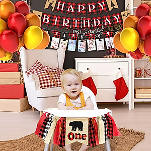 Lumberjack Baby Shower Banner Lumberjack Theme Happy 1st Birthday Garland and High Chair Banner Wild Bear Tree Monthly Photo Banners for Baby Shower Kid Birthday Hunting Party Supplies Decoration (red and black plaid)