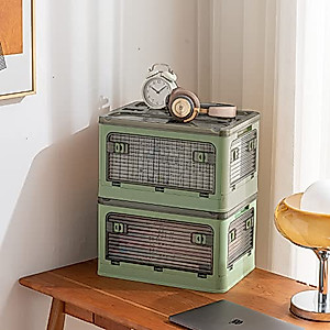 ANMINY Lidded Plastic Storage Bin 5-Door Collapsible Stackable Portable Crate Clear Storage Box Container Basket with Wheels Handles Lid for Outdoor Grocery Travel Car Truck Use - Green, Small