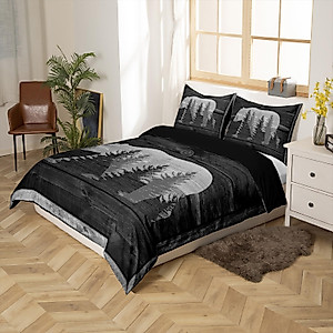 Castle Fairy Lodge Cabin Duvet Cover Gray Bear Pine Tree Silhouette Pattern Comforter Cover with 2 Pillowcases Wild Animal Western Jungle Style Bedding Set for Teens Adults King Size 3 Pieces