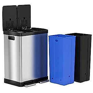 iTouchless 16 Gallon Dual Step Trash Can & Recycle, Stainless Steel Lid and Bin Body with Handle, Includes 2 x 8 Gallon (60L) Removable Buckets are Color-Coded, Soft-close and Airtight Lid, Silver
