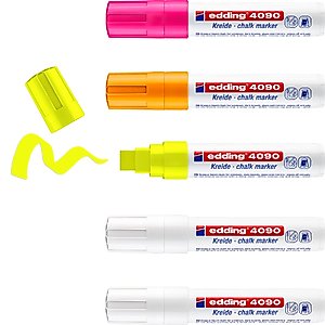 Edding 4090 Set-2 White, 3 neon Colours Chisel Nib 4-15 mm-Wet Wipe chalkboards, Windows, Glass, Mirrors-Liquid Chalk Marker pens for Opaque Coverage, 5 Colors, 13: Set of 5-Multicoloured