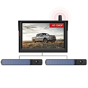 1080P Solar Wireless Backup Camera [Dual cams] , Foxpark Solar 3 Back Up Camera Systems for Car, Backup Camera Wireless 5 inch Car Monitor, IP69K Rear View Camera for Truck, Van, RV