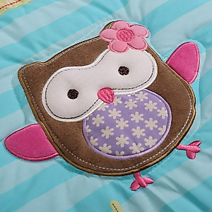 5 PCs Pink Owl Birds Butterfly Nursery Crib Bedding Set Blush Pink Floral Baby Girl Cot Bedding Set Quilt, Fitted Sheet, Skirt, Diaper Storage Bag, Window Valance