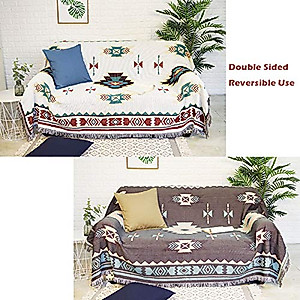 AIVIA Southwest Throw Blanket for Couch Bed, Cotton Woven Southwestern Navajo Throws Tapestry Cover for Living Room Chair Sofa Decorative w/Boho Fringe - Off White Green Burgundy Red, 50" x 60"