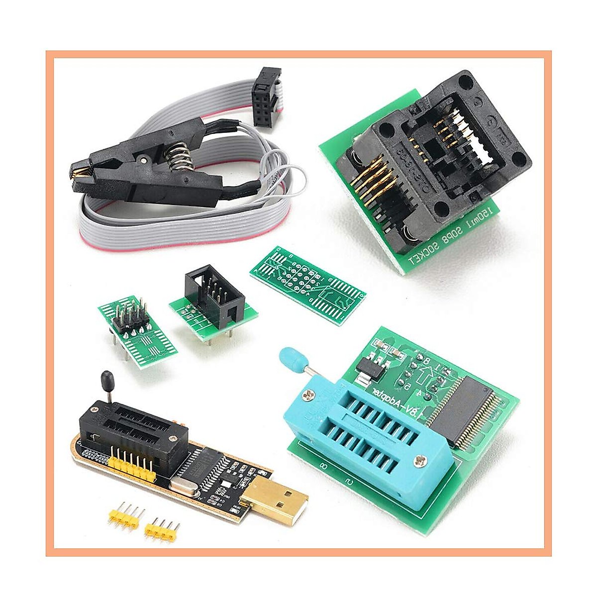 KOOBOOK 1Set CH341A 24 25 Series EEPROM Flash BIOS USB Programmer+SOIC8 SOP8 Test Clip+SPI Flash 1.8V Adapter+SOP8 SOIC8 to DIP8 Adapter Socket Converter
