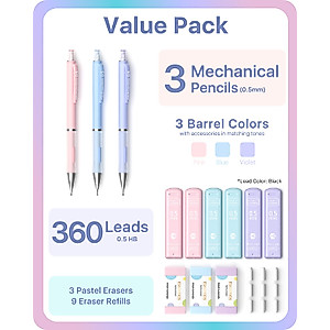 Four Candies Pastel Mechanical Pencil Set - 3PCS 0.5mm Mechanical Pencils with 240PCS HB Lead Refills, 3PCS Erasers and 9PCS Eraser Refills, Cute Colored Mechanical Pencils for Drawing & Writing