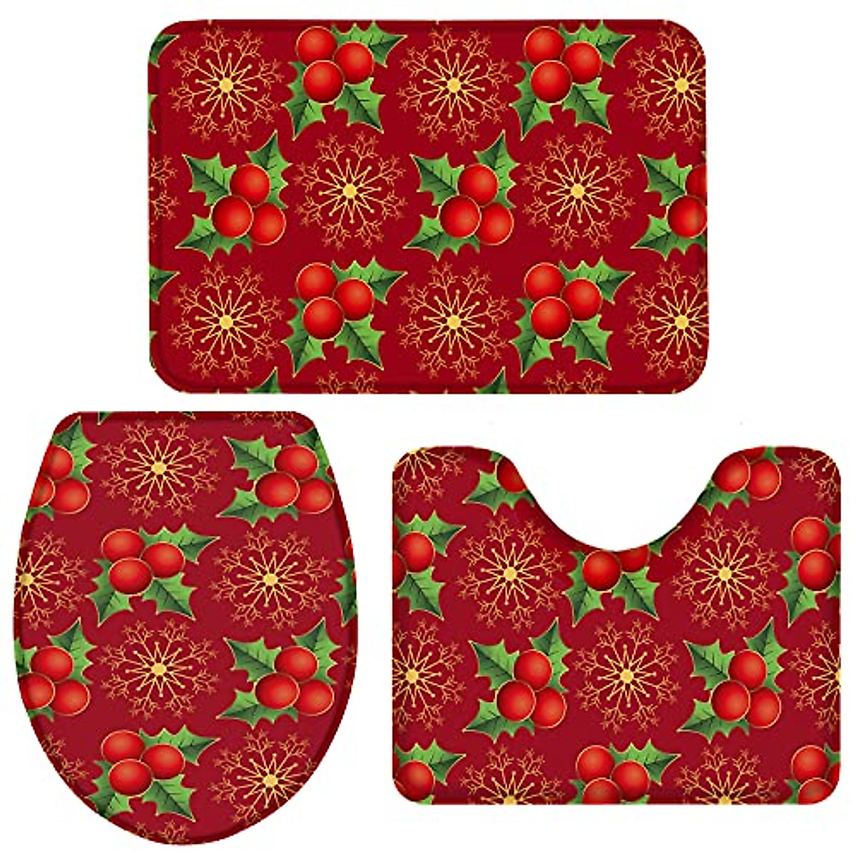 Bathroom Rugs, Memory Foam Bath Mat Bathroom Set, Plant and Snowflake Christmas Theme Red Bath Rugs Bathroom Accessories, Home Decor Non-Slip Absorbent Soft Bath Mats for Bathroom, Tub, 3 Pieces