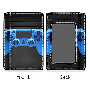 Video Game Joystick Gamepad in Blue Neon Lights Isolated on Black Slim Minimalist Wallet, Front Pocket RFID Leather Blocking Card Holder Case for Men Women Girls Ladies, Stylish Printing Gift