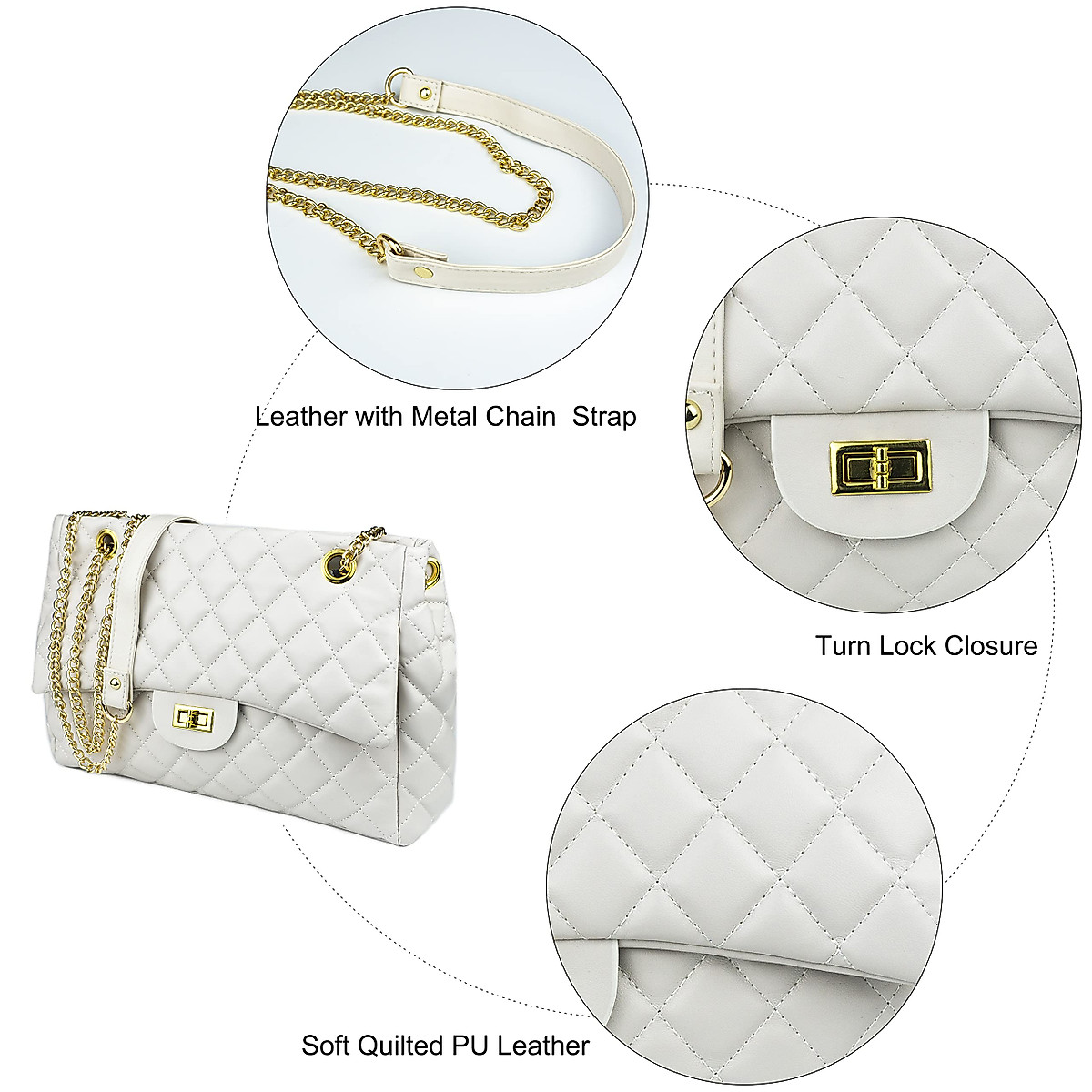 Rejolly Quilted Shoulder Bags for Women PU Leather Ladies Crossbody Handbag Stylish Envelope Purse with Chain Strap (Cream White)