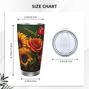 EKPRAVDKTF Sunflower And Rose 20oz Insulated Stainless Steel Tumbler With Lids And Straws, Double Wall Vacuum Travel Coffee Mug, Thermal Cup For Cold & Hot Drinks, Reusable Metal Straw & Brush