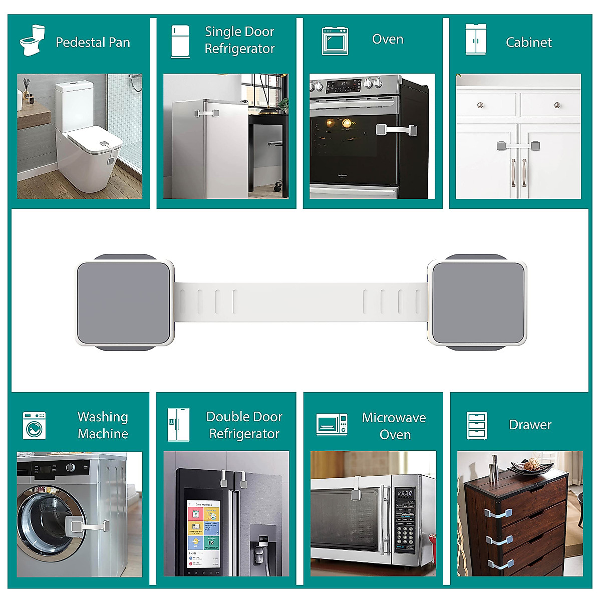 Child Adjustable Strap Lock, Sliding U Shaped Baby Safety Latch for Drawers, Cabinets, Oven, Toilet Seat, No Tool, No Drilling Needed, Super Strong 3M Adhesive