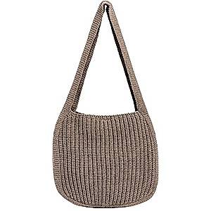 Fairy Grunge Crochet Tote Bag Knitted Hobo Bag Aesthetic Shoulder Bag Trendy Purse Fairycore Accessories for women (Khaki)