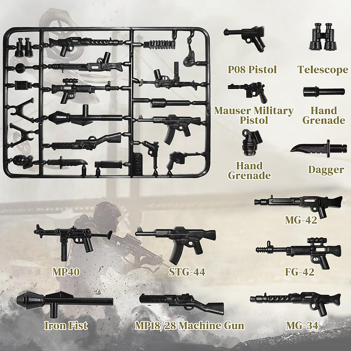 VICVIK Weapons Pack Military Weapons Accessories WWII Soldier Model Toys Military Equipment Battle Blocks Bricks Children's Toys, Compatible with Mini Figure Brick Toy for Boys Age 3＋