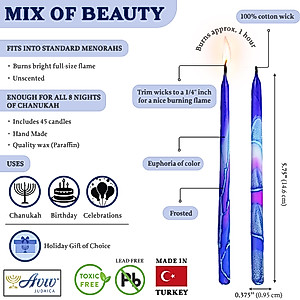 Premium Dripless Hanukkah Candles Thin Tapered Chanukah Candle Set of 45 Enough for Eight Nights of Hanukah Multi Hued Frosted Includes a DIY Dreidel and Prayer Card by Aviv Judaica