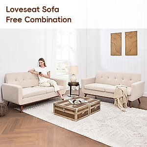 Tbfit Loveseat Sofa, 65" W Mid Century Modern Love Seat Couches for Living Room, Button Tufted Upholstered Small Sofa Couch for Bedroom, Oatmeal