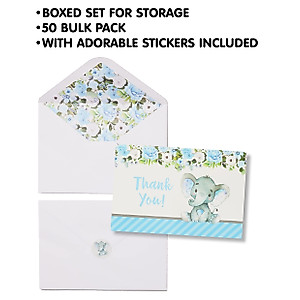 All Ewired Up 50 Blue Elephant Boy Baby Shower Birthday Thank You Cards with Designed Envelope Interior and Matching Seal