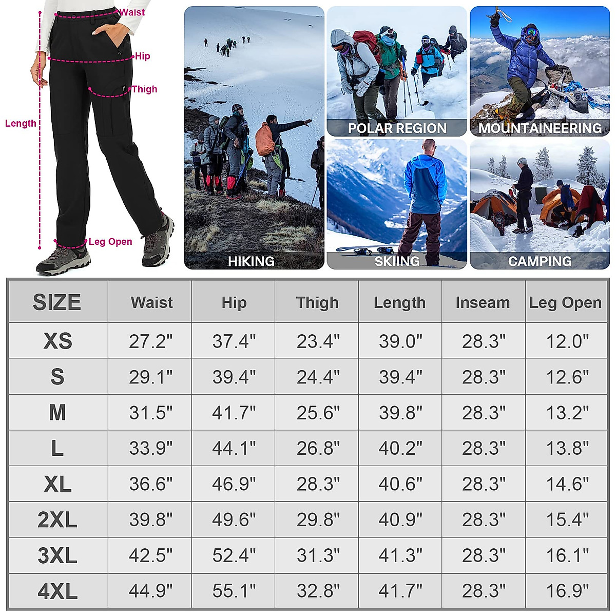 Women's Snow pants Hiking ski Waterproof Fleece Lined Outdoor Cargo Pants Softshell Winter Warm Pants with Zipper Pockets,H4409,Black,6