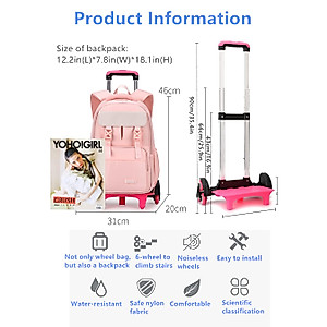 Solid-Color Rolling Backpack for Girls, Trolley Pink Wheel School Bag, Wheeled Bookbag on 6 Wheels
