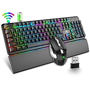Wireless Gaming Keyboard Mouse and Wrist Rest Combo Rainbow Backlight Silent Mechanical Feel Keyboard with 7 Color Breathing Mute Mice Memory Foam Cushion Hand Rest for Computer PC Gamer