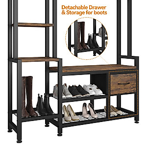 WODRAWER Hall Tree for Entryway 43", Bench with Shoe Storage, Large Coat Rack Shoe Bench with 5 Tier Shelves, 5 in 1 Design Front Door Shoe Rack and Wall Rack Hooks, and 2 Drawers (Rustic Brown)