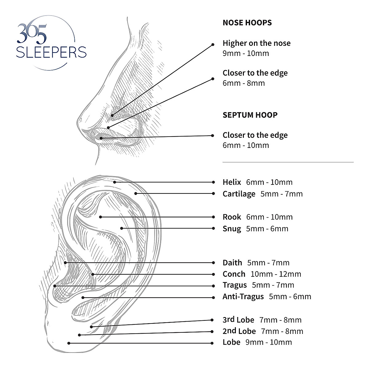 365 SLEEPERS Sterling Silver Unisex Hinged Hoop Nose Helix Tragus Lip Ring Sleeper Earrings - Hand Made In Australia - Nickel Free Hypoallergenic - 8mm - 10mm - 12mm