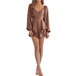 Womens Rompers Off Shoulder Ruffle Hem Short Dress Baggy Bubble Long Sleeve Sexy Flowy Backless Jumpsuit