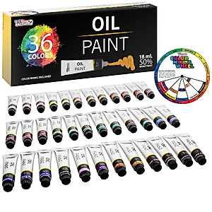 U.S. Art Supply Professional 36 Color Set of Art Oil Paint in Large 18ml Tubes - Rich Vivid Colors for Artists, Students, Beginners - Canvas Portrait Paintings - Color Mixing Wheel