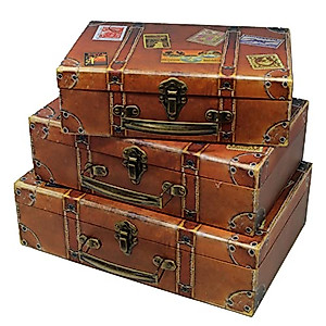 Blue Orchards Decorative Travel Chest Paperboard Boxes (Set of 3) - Small Travel Antique Suitcases - Stackable Storage Chests for Jewelry - Chest Box for Keepsake - Bedroom Display or Party Decor