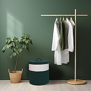 Yimi's Dream Basket with Lid, Medium Woven Baskets for Storage and Organizing, Small Cotton Rope Basket with Handle for Baby Gifts, Laundry, Toy (12''D * 13.5''H, Green & White)