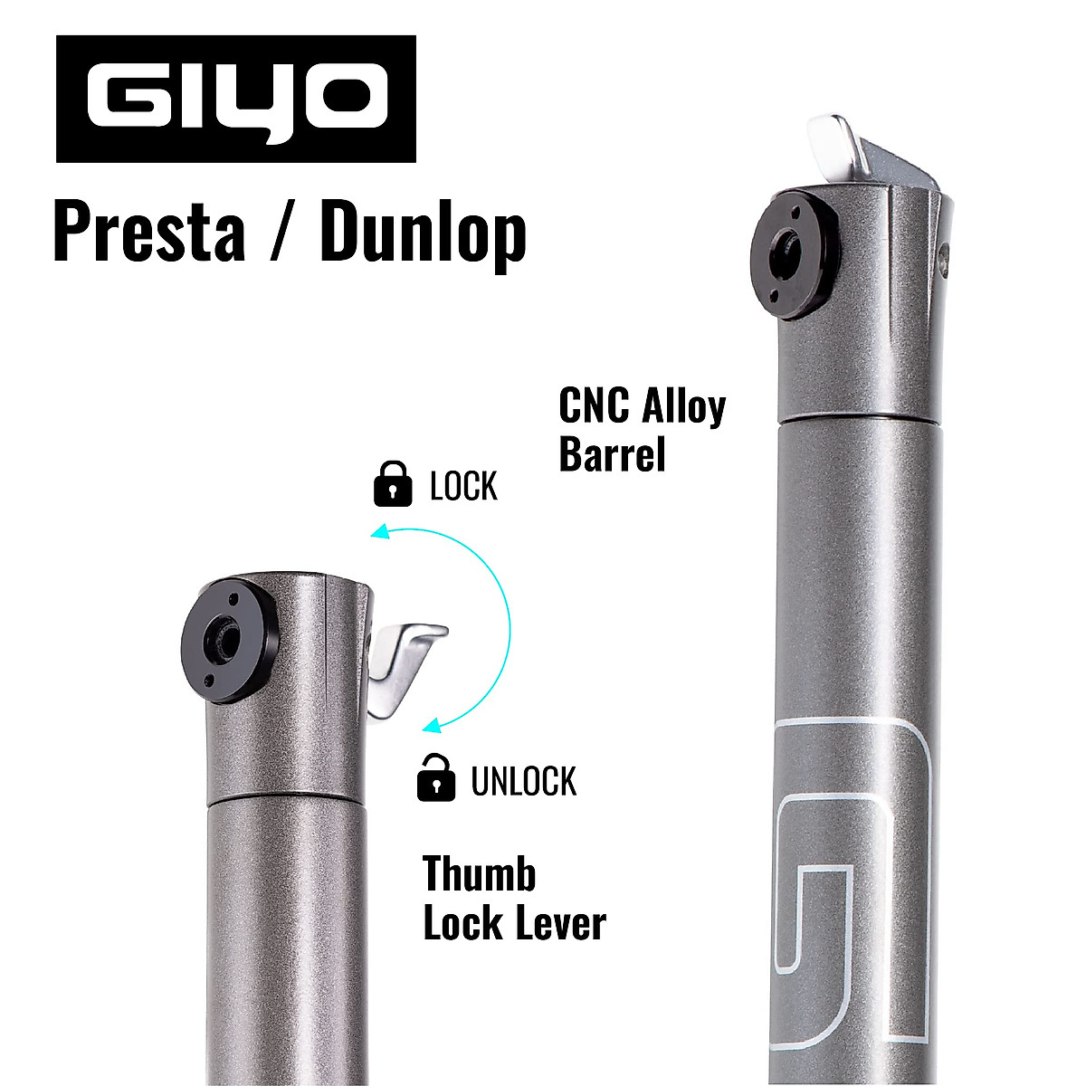 GIYO Small Bike Pump Presta Valve for Road Bikes 120 psi Telescopic Barrel - All Metal CNC Bike Pump Portable | Secure Valve Lock Easy Pumping GM04 Taiwan Made