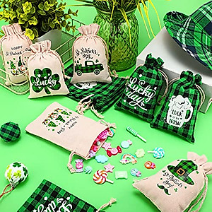 24 Pcs St Patrick's Day Gift Bag with Drawstring Shamrock Cotton Treat Bags Candy Pouch Sacks Irish Party Favor Bag Green Plaid Pouch Bag for Saint Patrick's Day Irish Party Supplies (5 x 7 Inch)