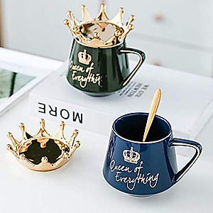 NA Crown Coffee mug, Queen of Everything Mug Perfect for Women, Cute Pink Ceramic Coffee Tea Mug with Crown Lid and Golden Spoon for Hot Cold Beverage, Gift for Women, (Navy), Navy Blue