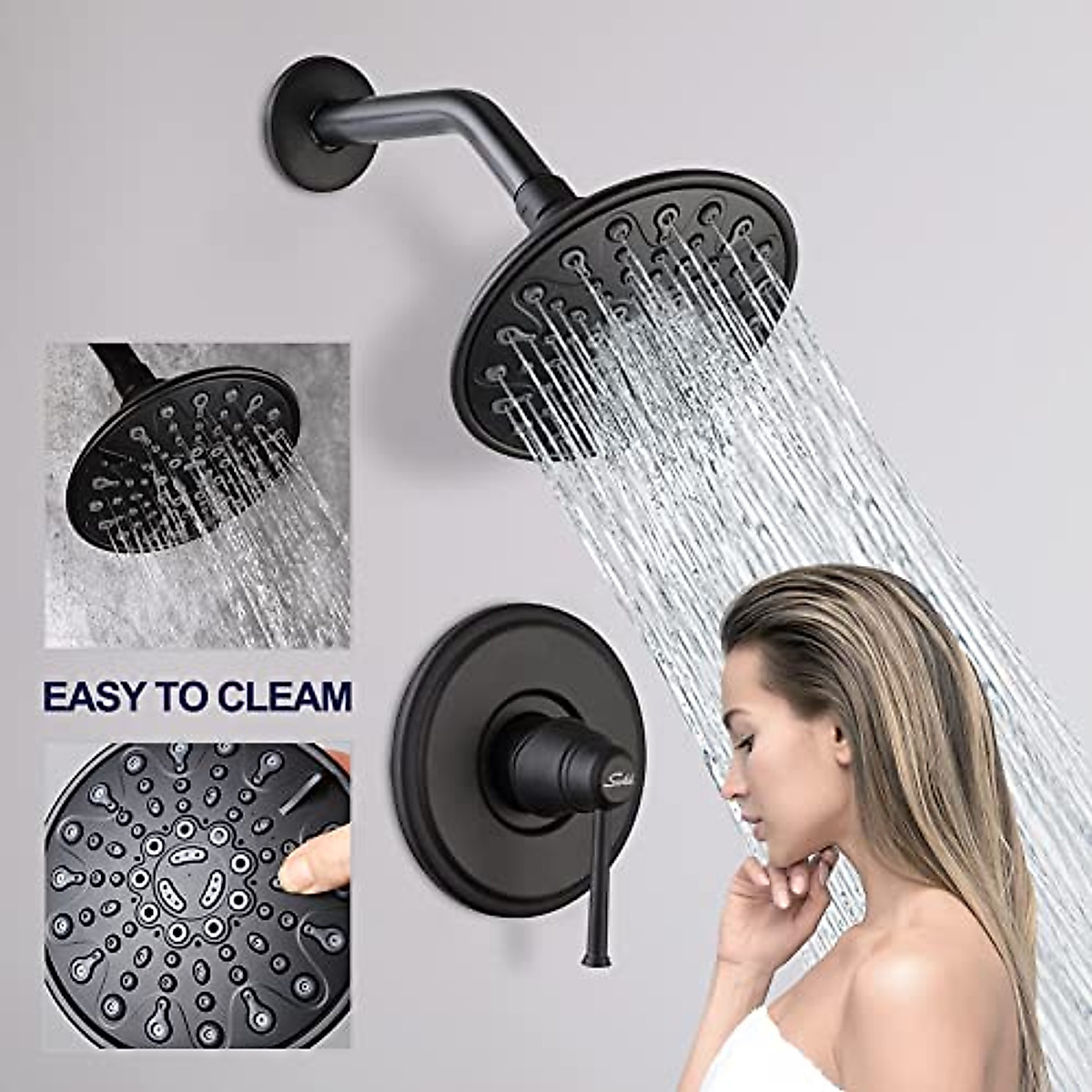 SWKB Shower Faucet with Tub Spout Matte Black Bathroom Shower Tub Faucet Set with 6-spray Shower Head System, Single Handle Shower Trim Kit with Rough-in Valve
