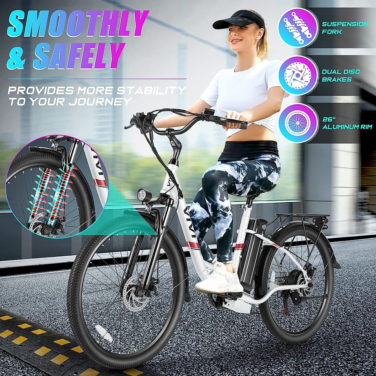 Vivi Electric Bike, 26'' Electric Bike for Adults, 750W Peak Ebike with 48V Removable Battery, Electric Commuter Cruiser Bike 22MPH & 50 Miles City Electric Bicycle with Cruise Control, LCD Display