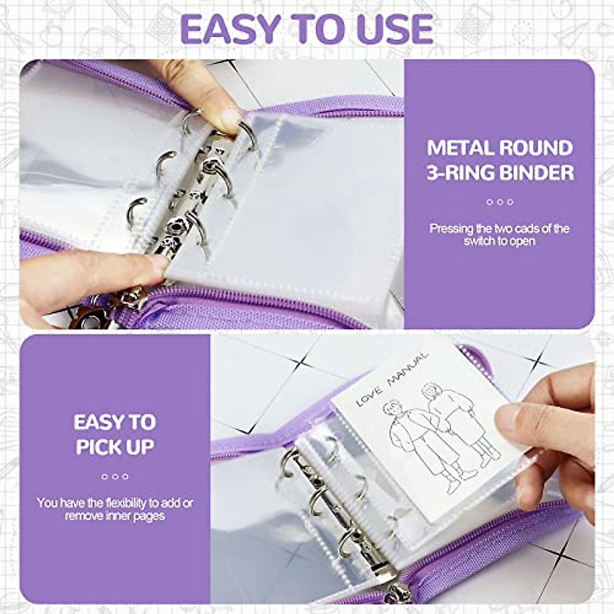 MultiBey Transparent Mini Binder 3 Ring, Glitter PVC Zipper Binder 3.7'' x 5.2'' for Cards Photos with 20 Card Slots (Purple)