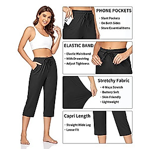 TARSE Women's Capri Yoga Pants Stretch Lightweight Running Jogging Pants Casual Comfy Pull On Capris Pockets Sweatpants (Black,M)