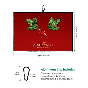Golf Towel Christmas Pine Needle Light Ball Red,Waffle Pattern Microfiber Club Cleaner Golf Towels with Carabiner Clip for Women Men Dad,Xmas Green Plant Golf Towel for Golf Bags Accessories,24x16in